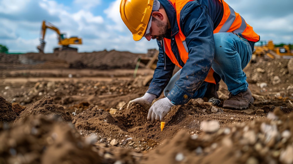 A geotechnical engineer studies soil samples at a construction site ...